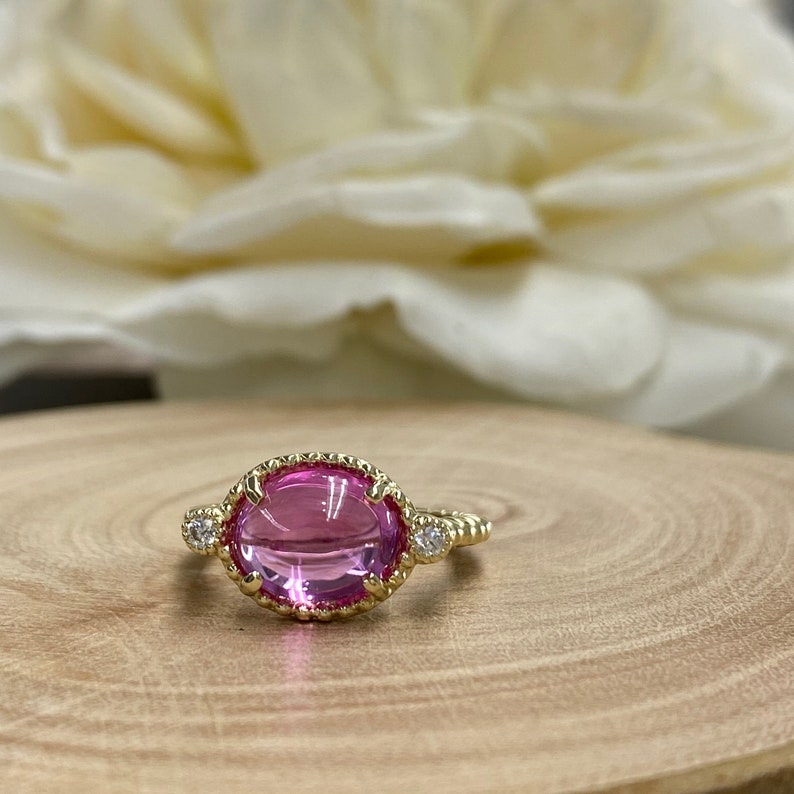 Oval Pink Engagement Ring 14K Yellow Gold Pink Sapphire Three - Etsy