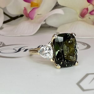 Olive Green Sapphire Engagement Ring 14k Solid Gold Three Stone Wedding ...