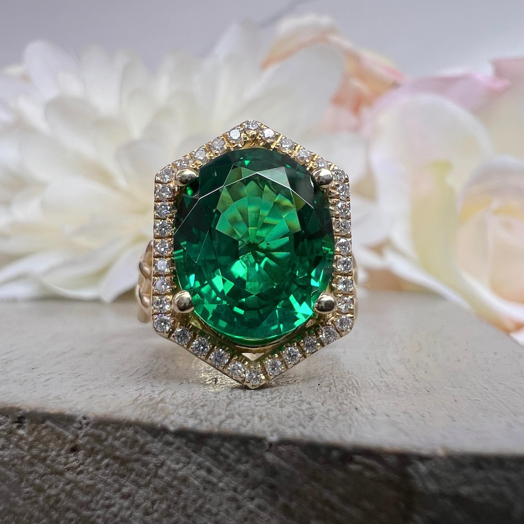 Oval Shaped Emerald and Diamond Statement Ring, Unique Handmade Vintage ...