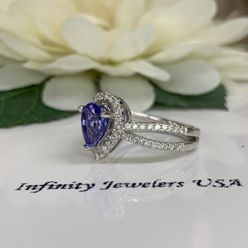 Pear Shape Tanzanite Engagement Ring / Diamond Halo Ring / 14k | Etsy
