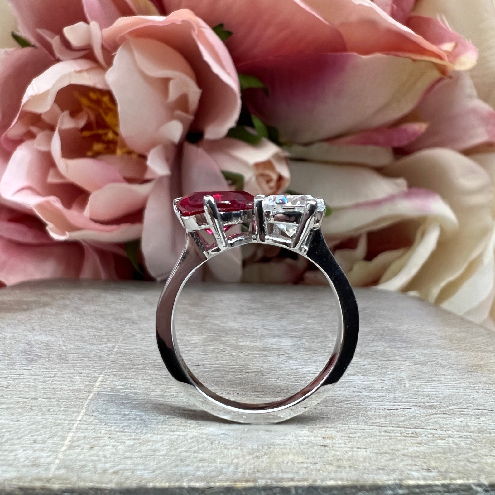 Toi Et Moi Ring Pear Ruby and Round Cut Moissanite Engagement Ring ...