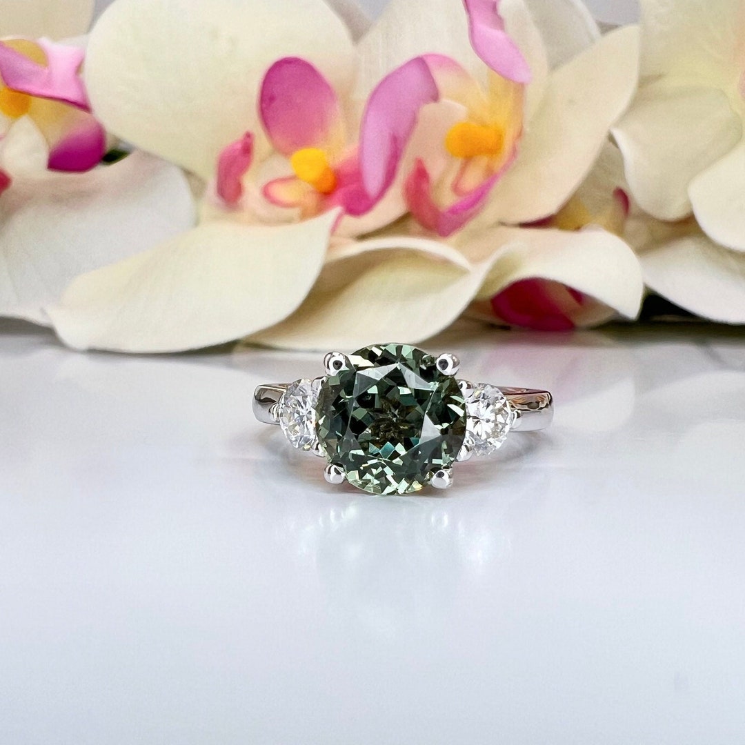 Olive Green Sapphire Engagement Ring With Round Moissanite Accents 14k ...