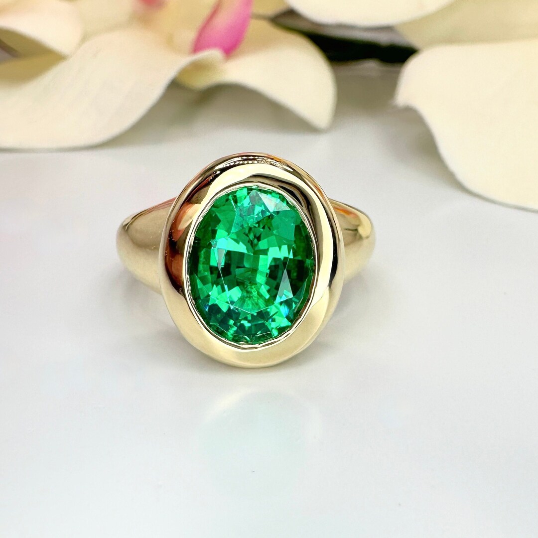Oval Emerald Statement Ring 14k Solid Gold, Ladies Emerald Green Ring ...