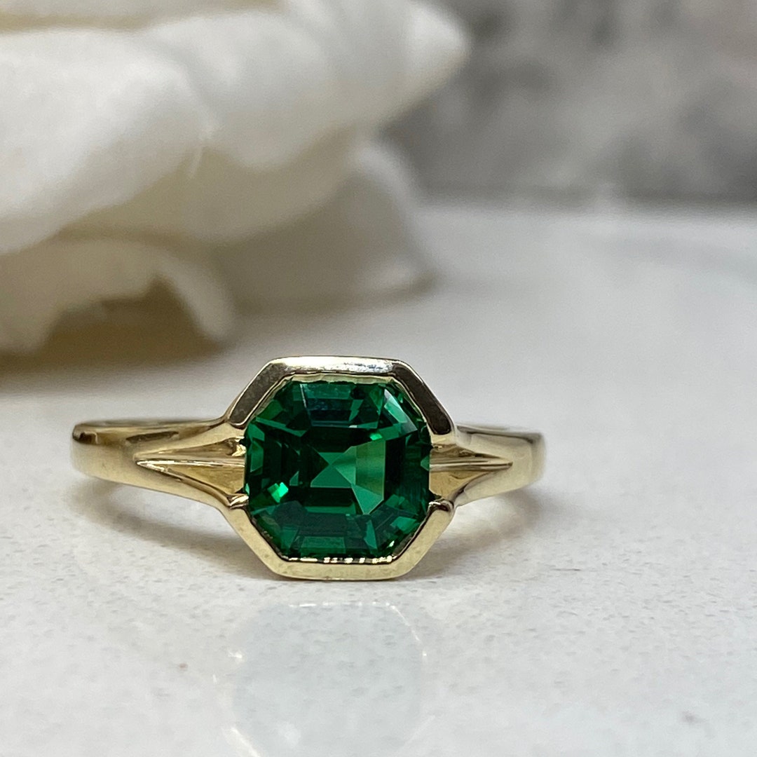 Emerald Ring Asscher Cut 14K Solid Gold for Women, Emerald Engagement ...