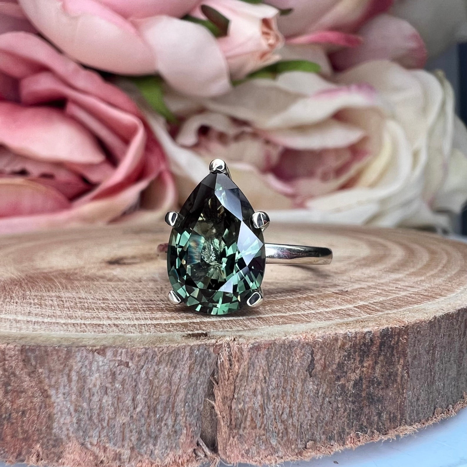 Pear Shaped Green Sapphire Engagement Ring 14k White Gold - Etsy