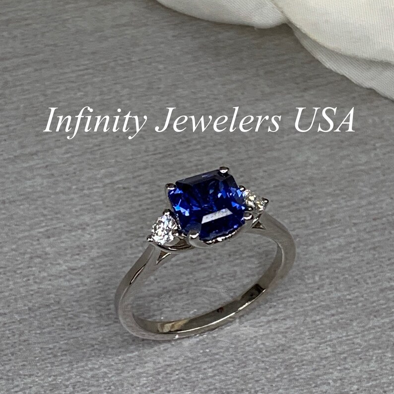 Blue sapphire asscher cut engagement ring with round | Etsy