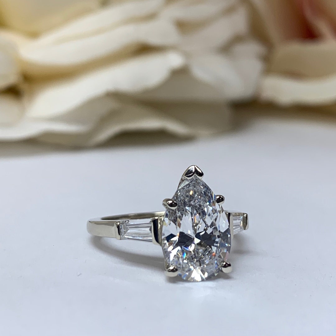 Pear Shaped Moissanite Engagement Ring , Solid White Gold Three Stone ...