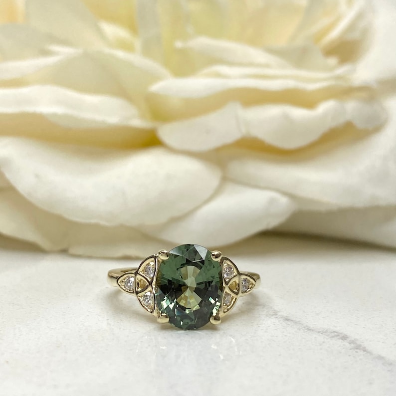 Oval Olive Green Sapphire Engagement Ring 14K Yellow Gold - Etsy