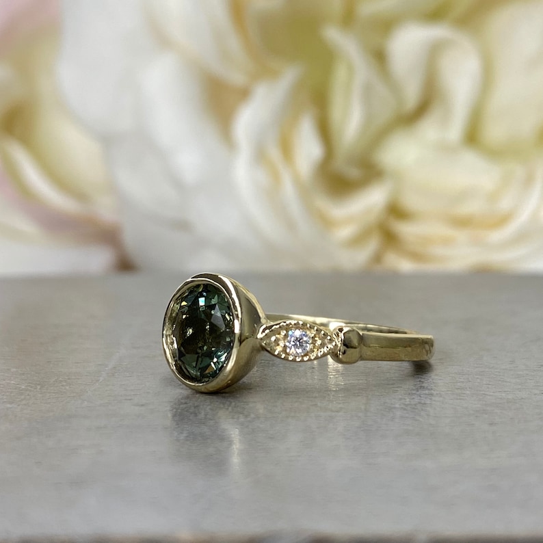 Round Olive Green Sapphire Bezel Set Engagement Ring 14K Yellow Gold ...
