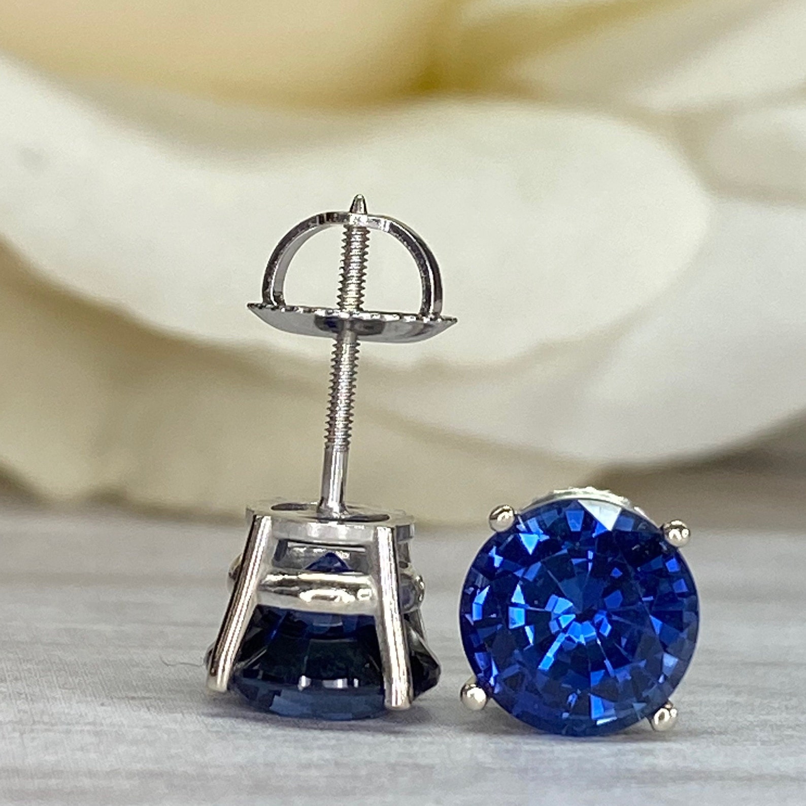 Round Blue Sapphire Stud Earrings 2.50ctw. in 14k White Gold - Etsy