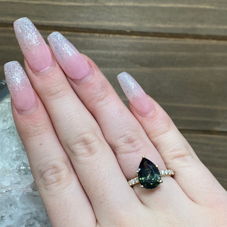 Green Sapphire Pear Shaped Engagement Ring 14k Gold Ring - Etsy