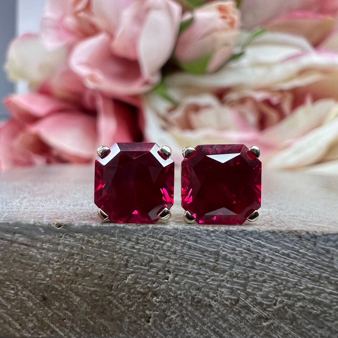 Radiant Cut Studs / Red Ruby Ladies Earring / Dainty Jewelry / 14k ...