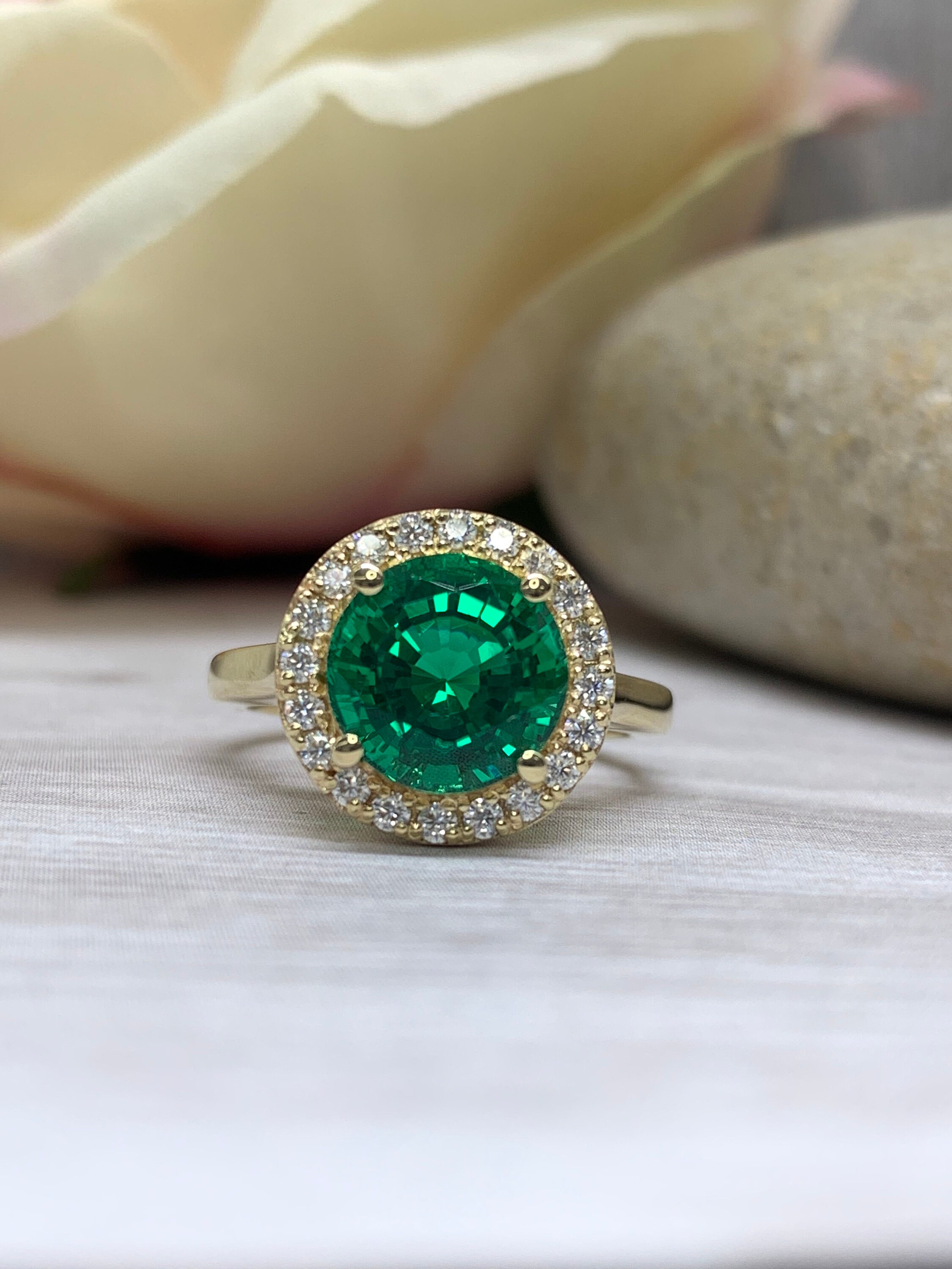 Round Shape Green Emerald Ring With Moissanite Halo 14K Yellow | Etsy