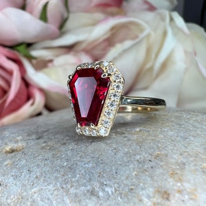 Ruby Coffin Ring, 14K Solid Gold, Vintage Gothic Halo Ring, July ...
