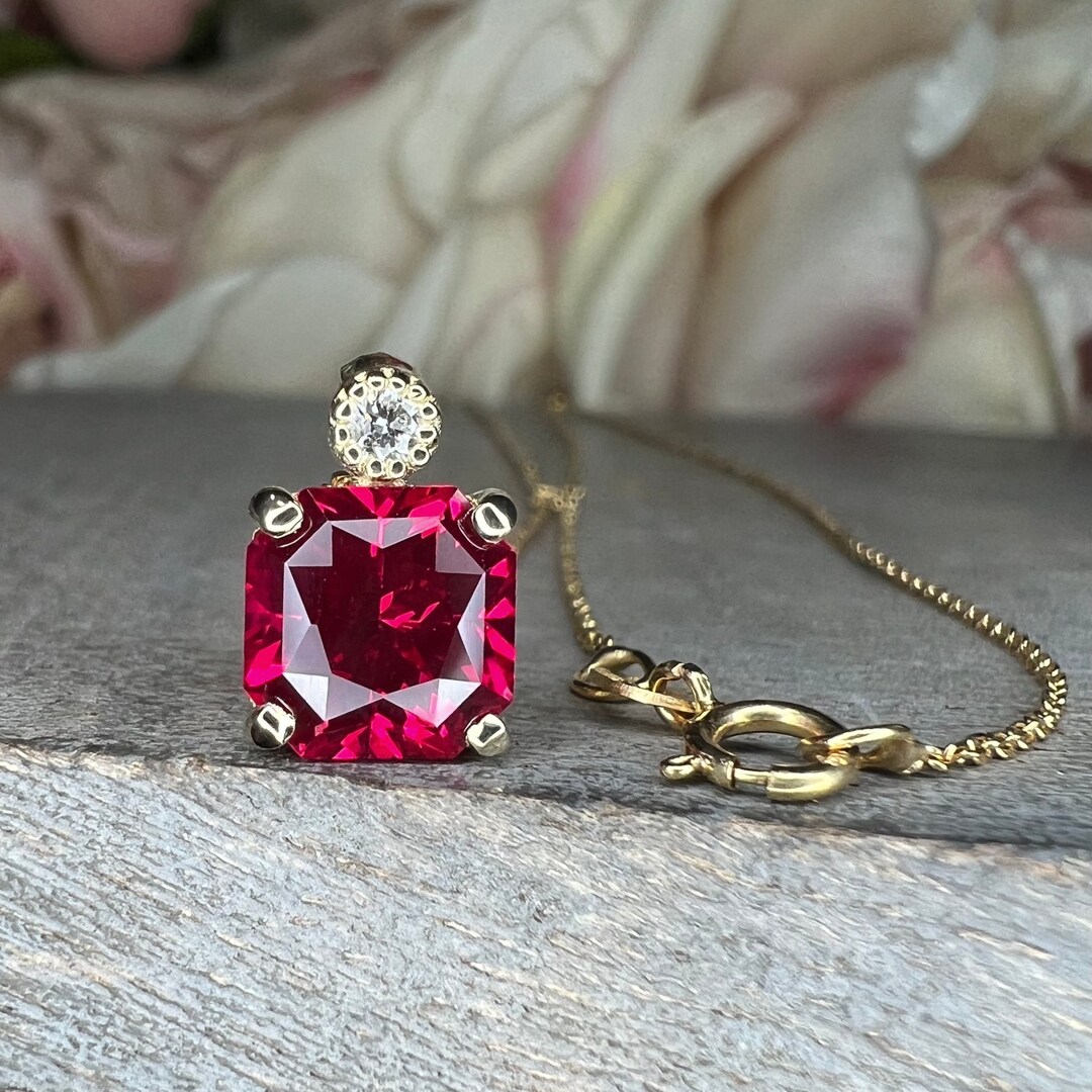 Ruby Pendant Necklace 14k Yellow Gold, Radiant Cut Ruby and Diamond ...