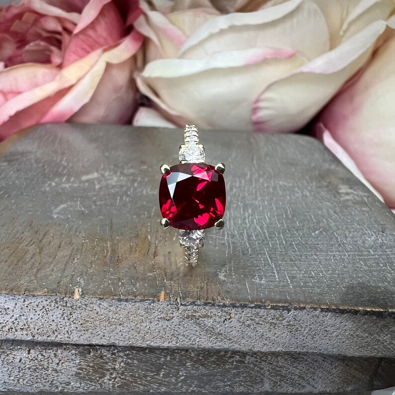 Cushion Cut Ruby With Moissanite Engagement Ring 14K Yellow - Etsy