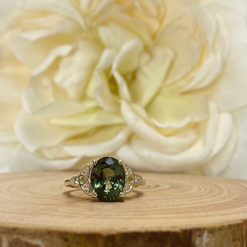Oval Olive Green Sapphire Engagement Ring 14K Yellow Gold - Etsy