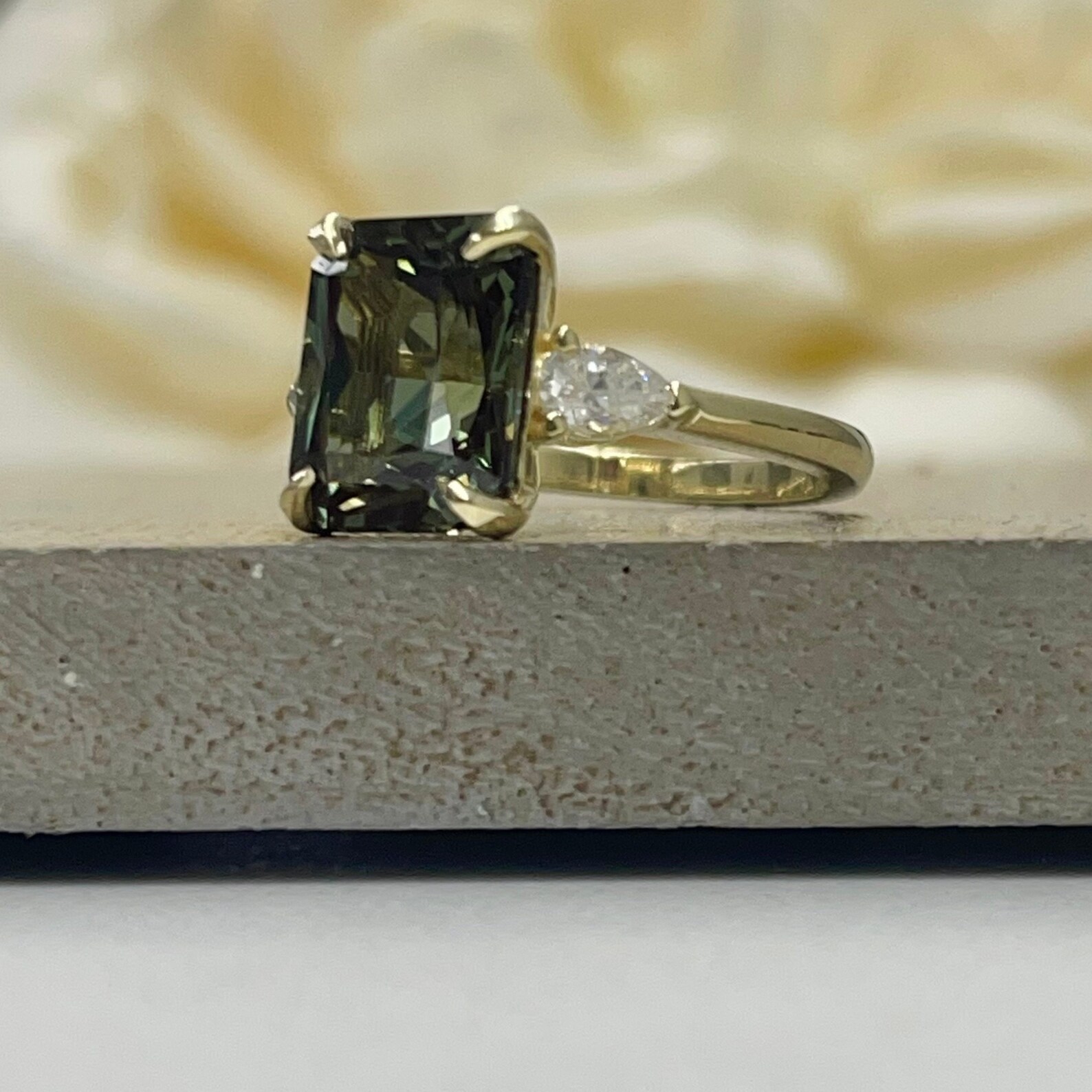 Radiant Cut Olive Green Sapphire Engagement Ring 14K White - Etsy