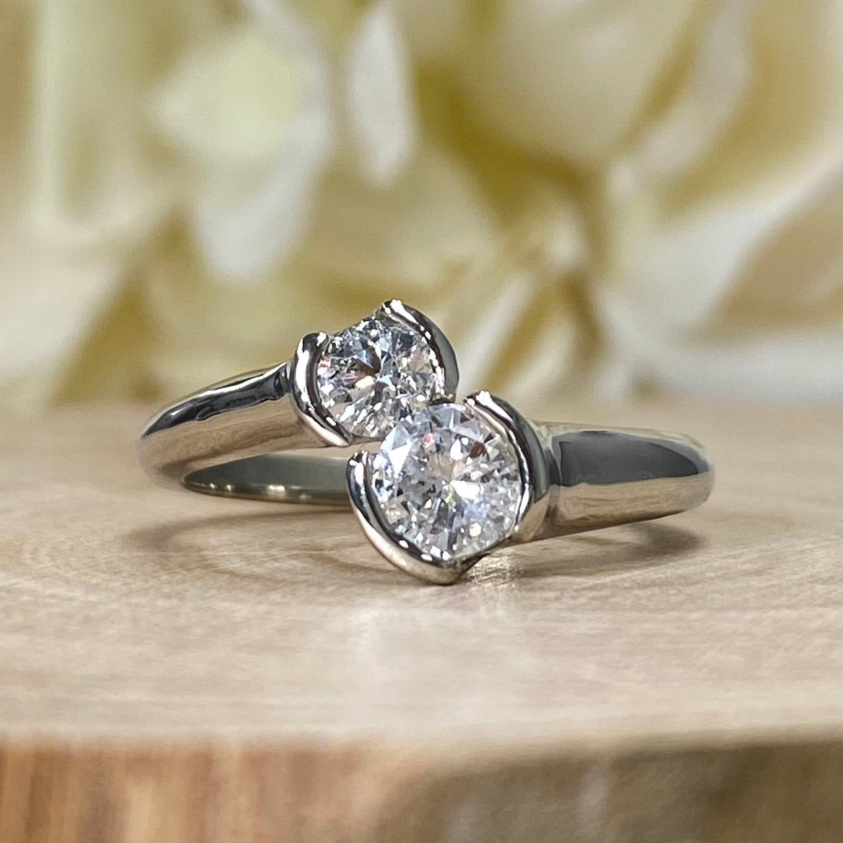 Round Diamond 2 Stone Bypass Ring 14k White Gold, Ladies Two Stone ...