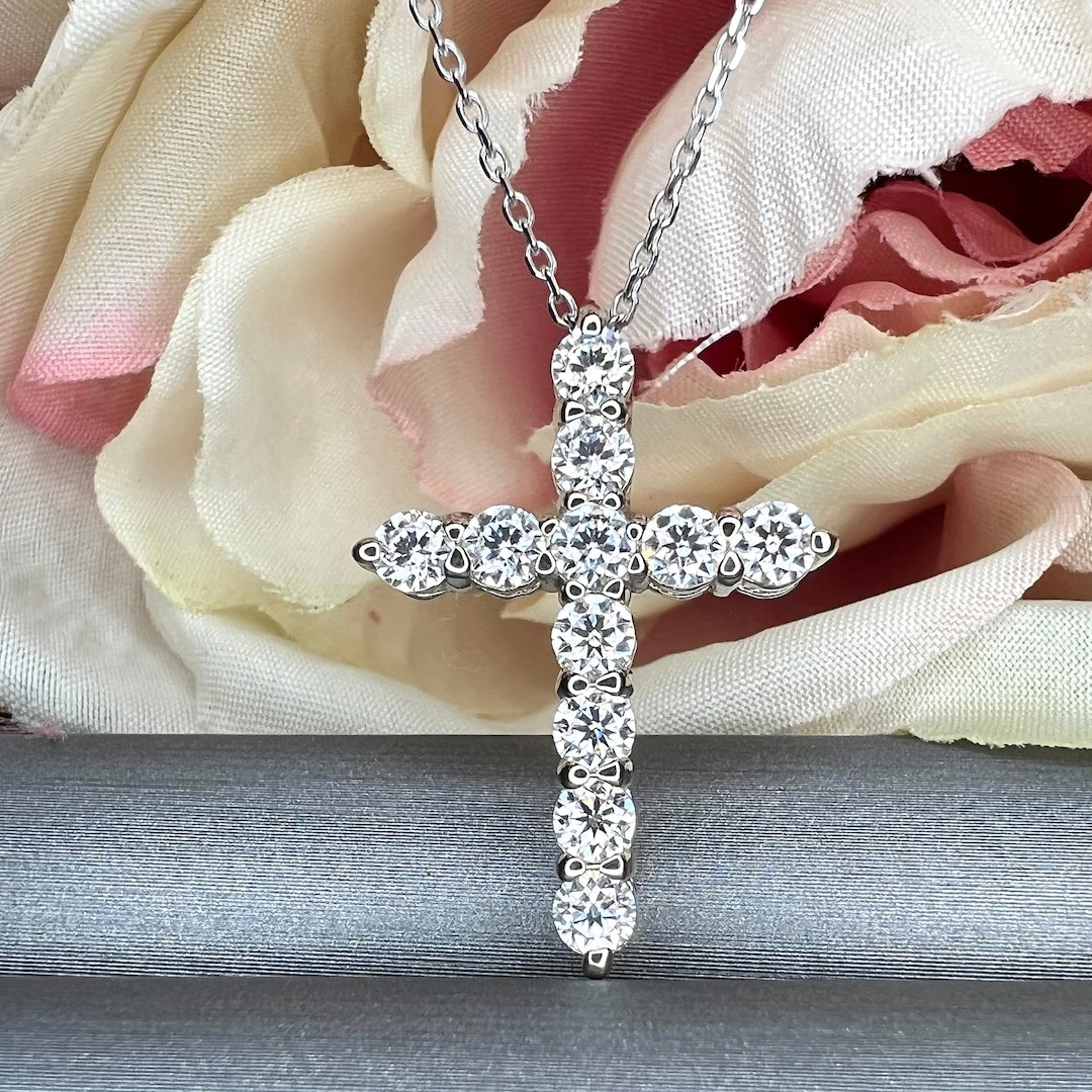Moissanite Eternity Cross Pendant Necklace 14K White Gold, Layering ...