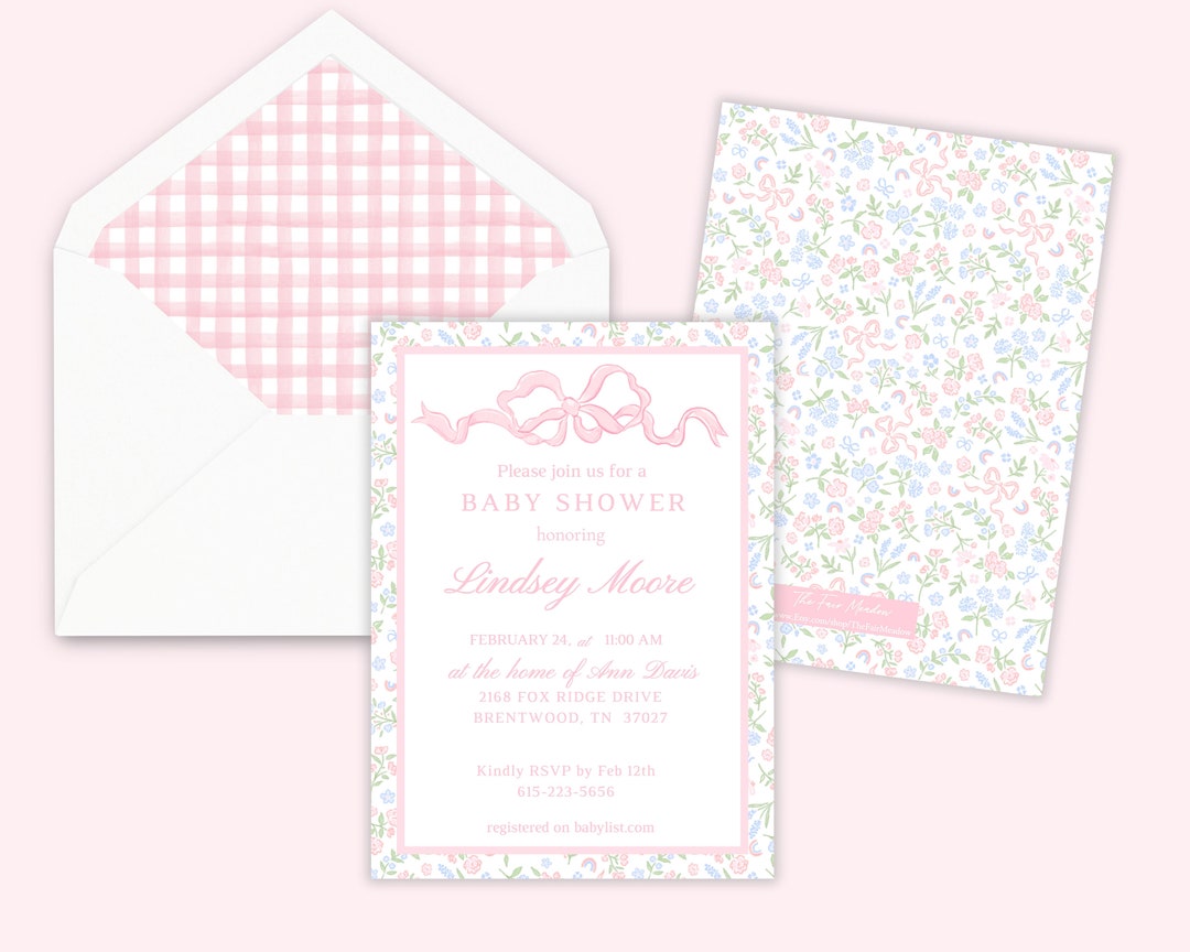 Baby Shower Invitation Pink Bow Baby Girl Invitation Personalized Pink ...