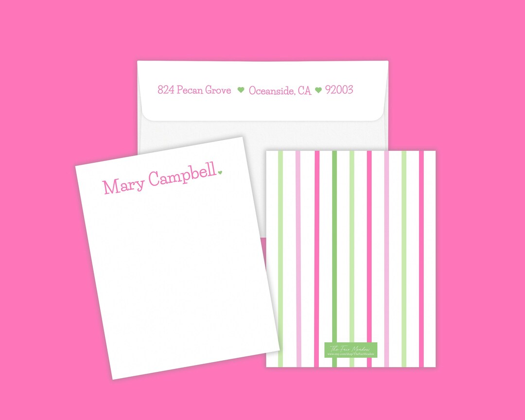 Preppy Stationery Pink and Green Stripe Personalized Note Cards With ...