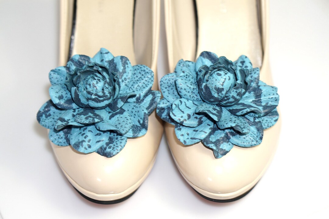 Handmade Leather Flower Shoe Clips, Blue Snake Print, Bridal Wedding ...