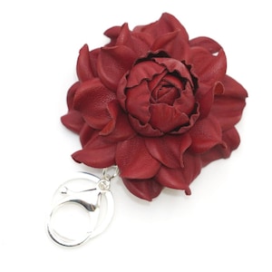 Bag Charm - Leather Flower Rose, RED Rose Bag Clip, Real Leather Purse ...