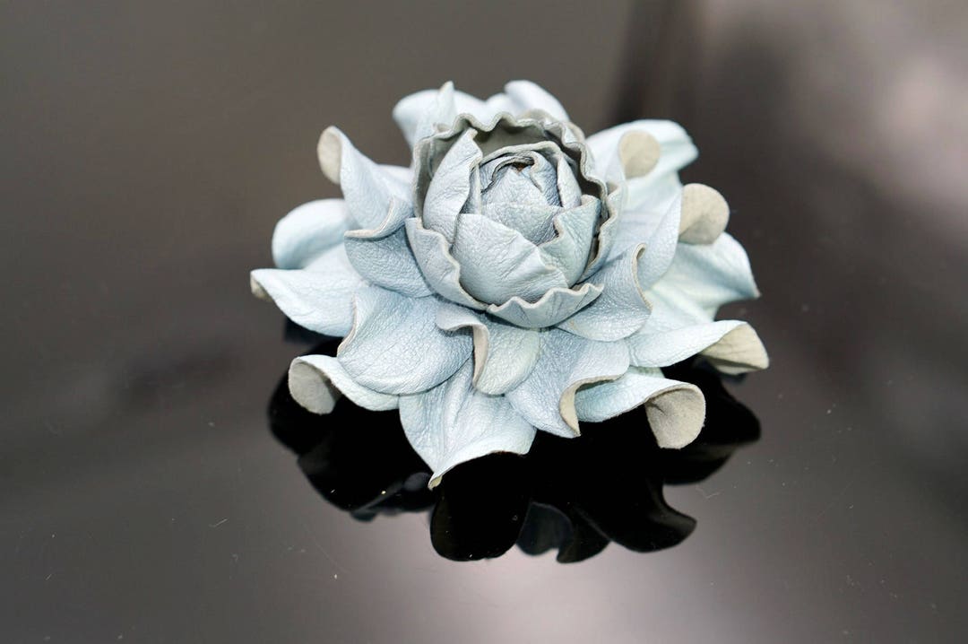 Genuine REAL Light Blue Leather Flower Brooch Pin, Outerwear ROSE ...