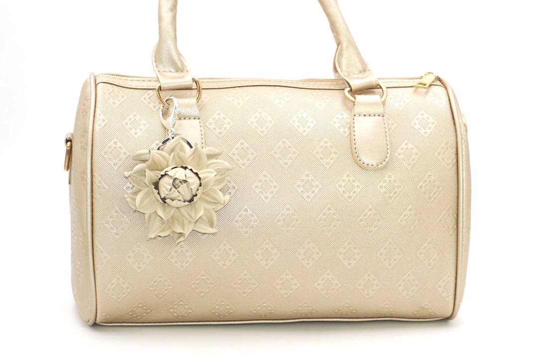 Bag Charm - Leather Flower Rose 3", Ivory Beige Rose Bag Clip, Real ...