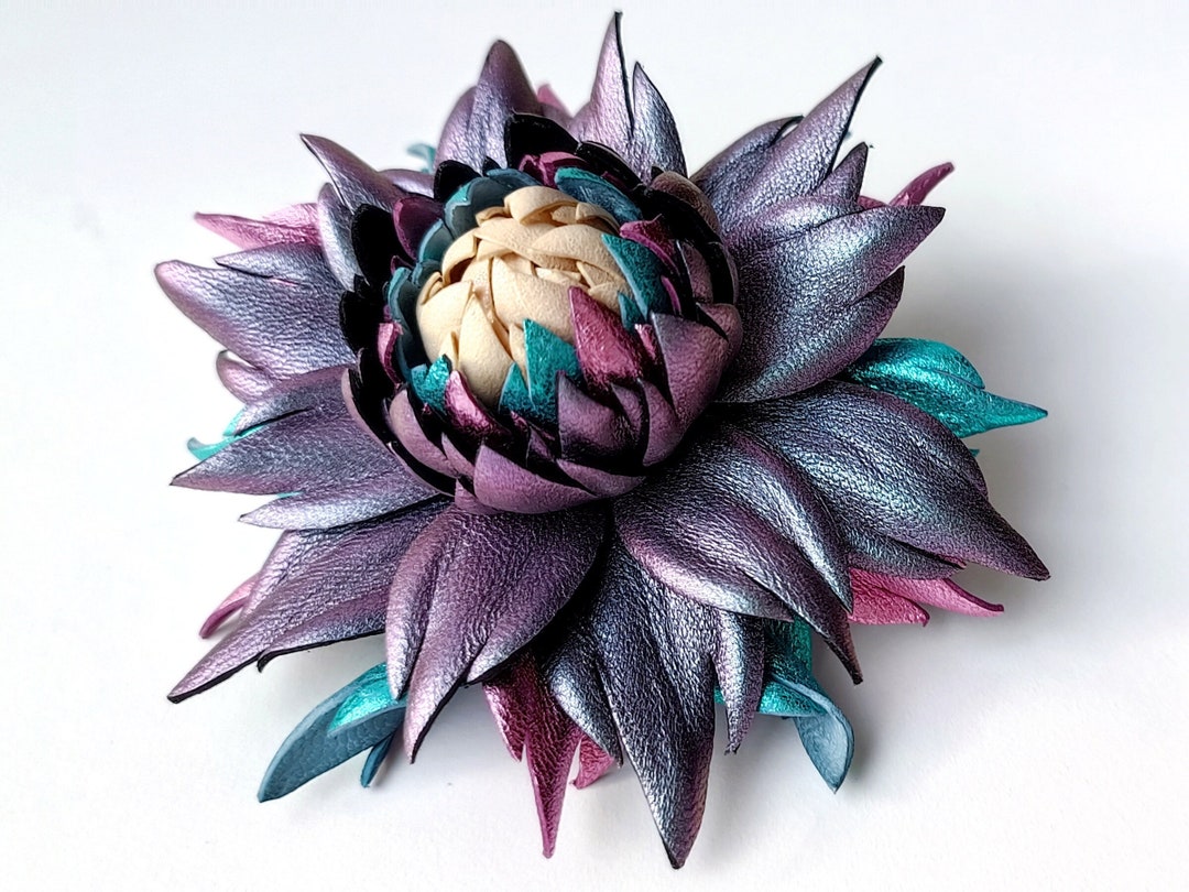 Exclusive Chameleon Silver Iridescent Leather Dahlia Flower Brooch Pin ...