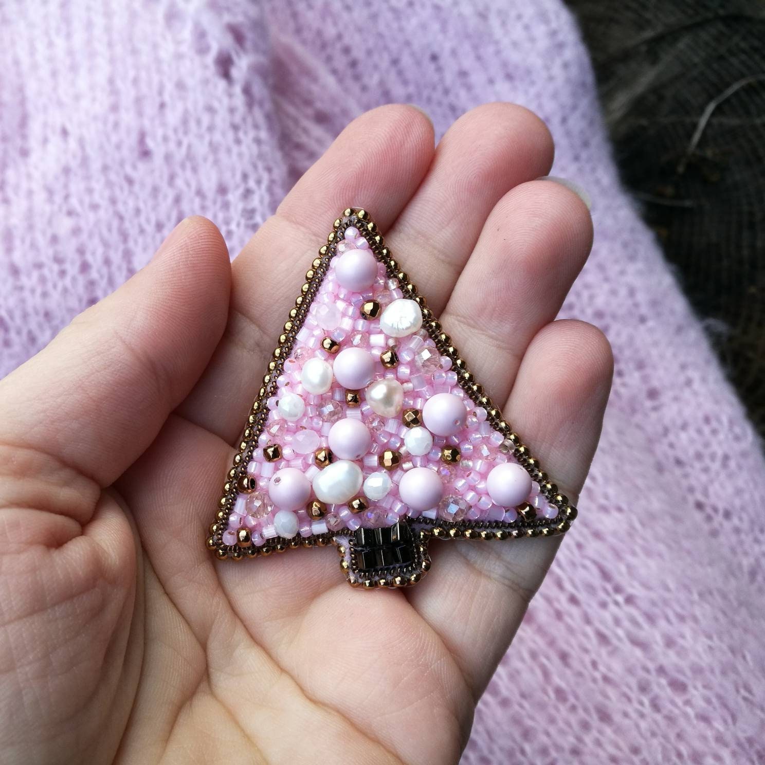 Christmas Tree Brooch, Pink Brooch, Handmade Brooch, Beaded Brooch ...