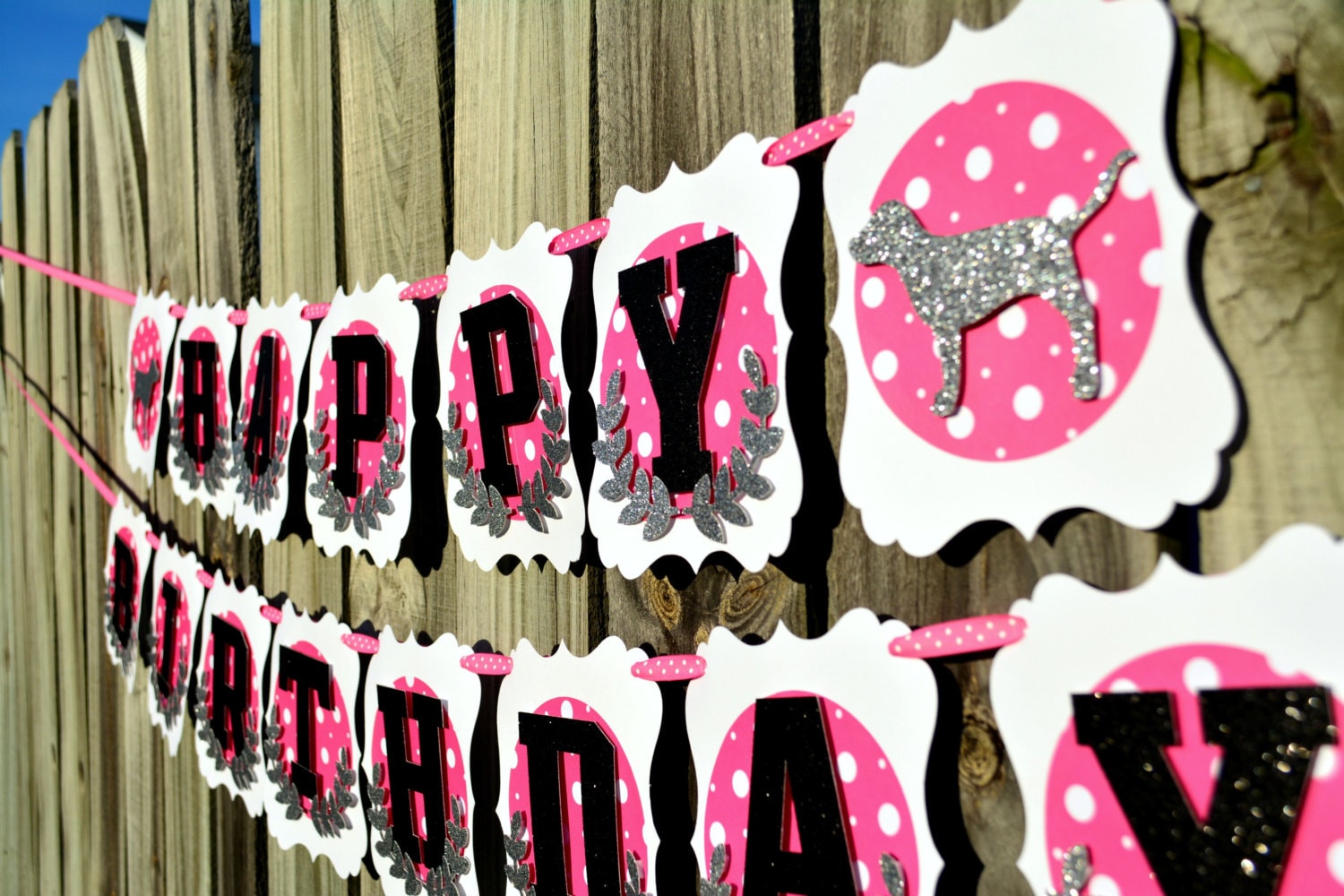 Pink Polka Dot Party Banner, Glitter Letters & Silver Leaves - Etsy