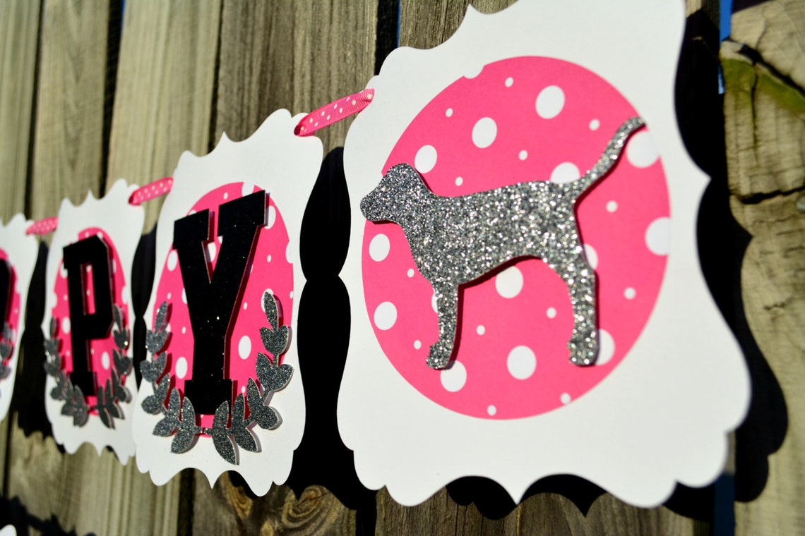 Pink Polka Dot Party Banner, Glitter Letters & Silver Leaves - Etsy