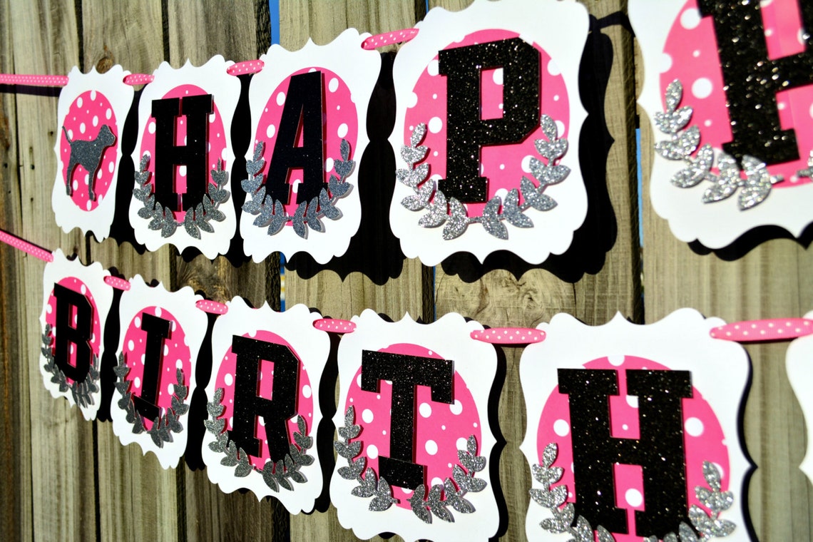 Pink Polka Dot Party Banner, Glitter Letters & Silver Leaves - Etsy