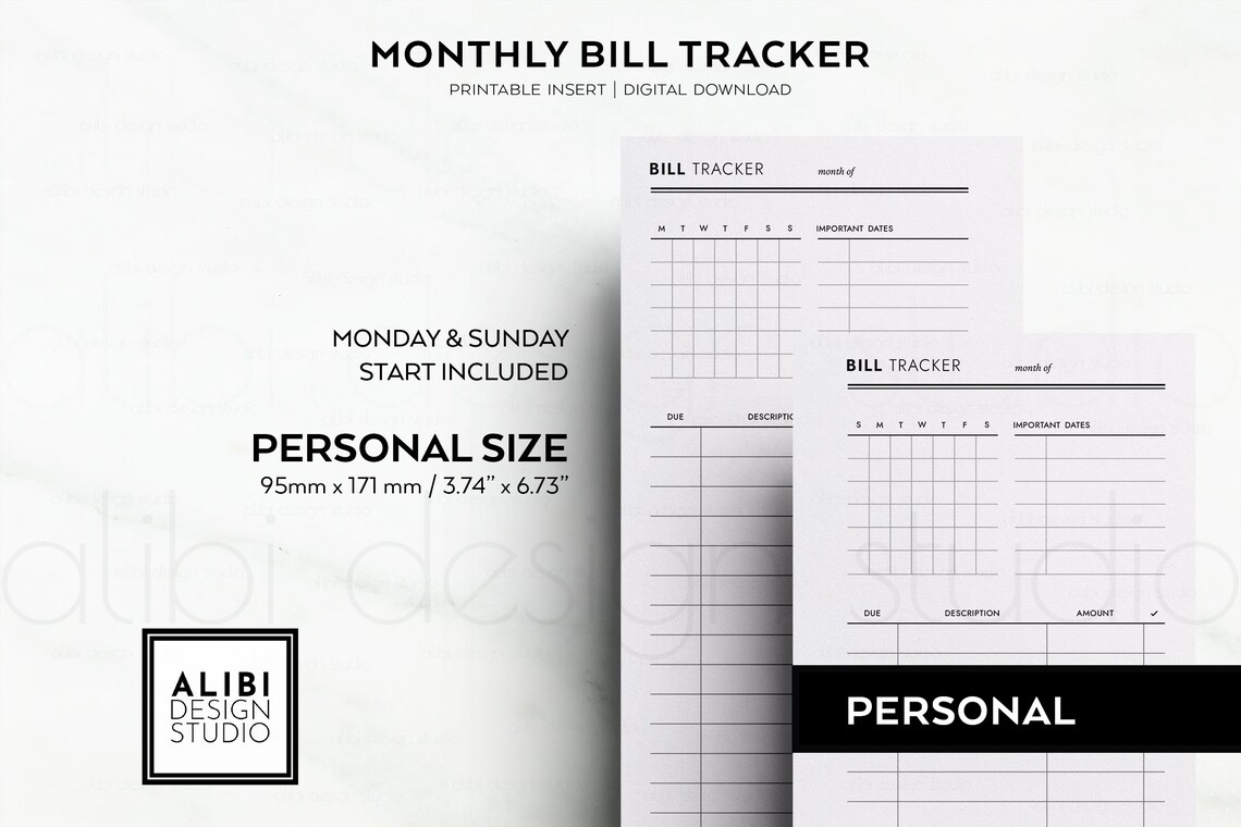 Personal Bill Tracker Monthly Financial Overview Budget | Etsy