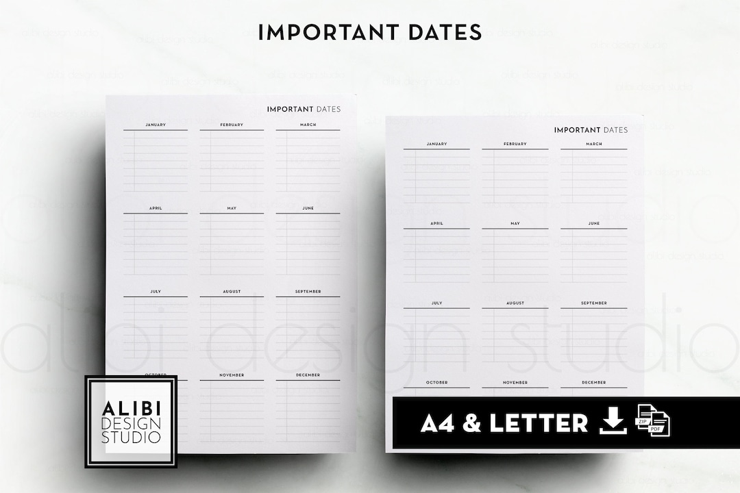 A4 and US Letter Size - Important Dates, Yearly Overview Birthday ...