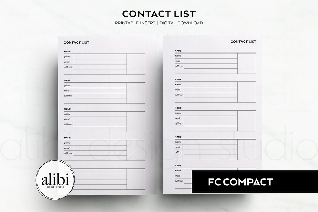 FC Compact Contact List Planner Inserts Contact Information Address ...