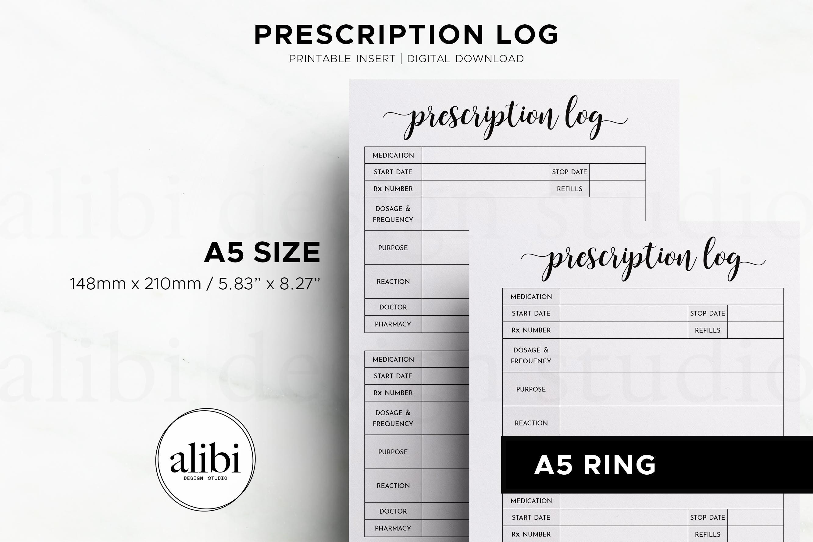 A5 Prescription Log Printable Medication Tracker Insert Medicine ...
