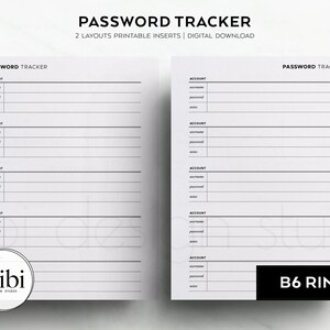 B6 Rings Password Tracker Password Manager Emergency Planner Password Reminder B6 Printable ...