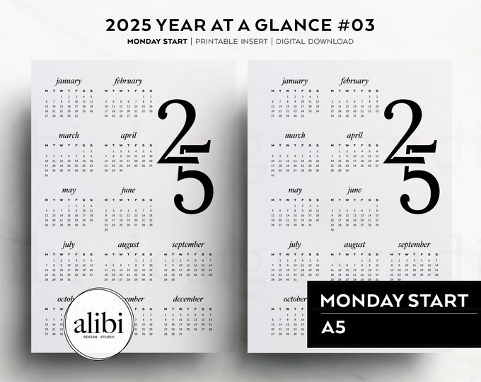 A5 2025 Year at a Glance Planner Dashboard Printable Calendar | Instant ...