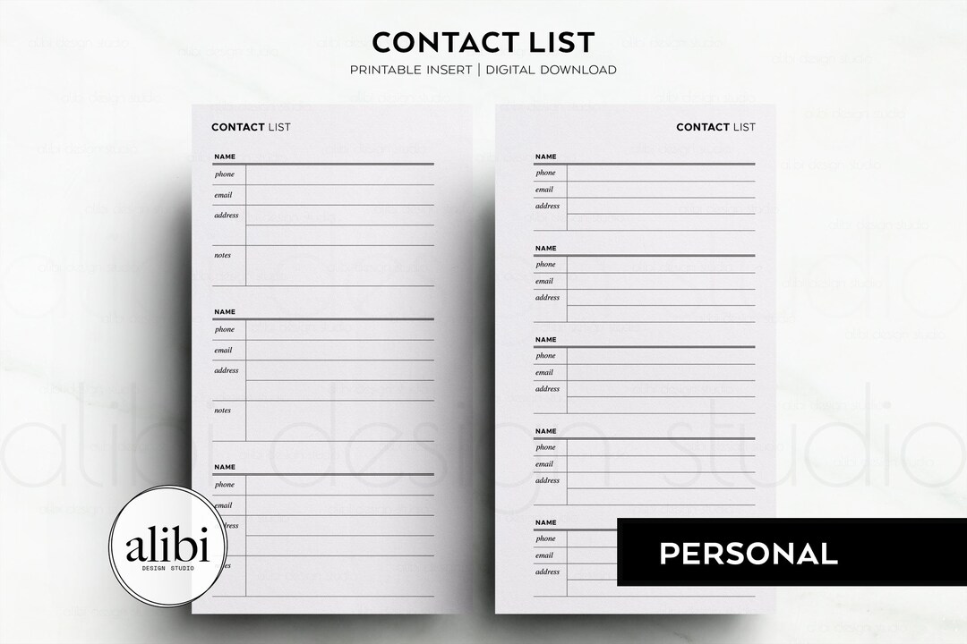 Personal Contact List Planner Inserts Contact Information Address Book ...