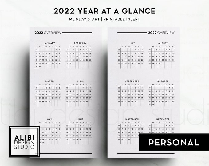Personal 2022 Year at A Glance Yearly Overview 2022 Calendar Yearly ...