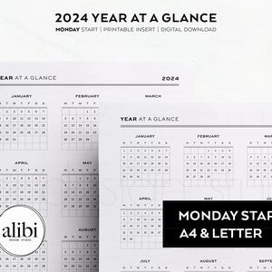 A4 and US Letter Size 2024 Year at A Glance Dashboard 2024 Calendar ...