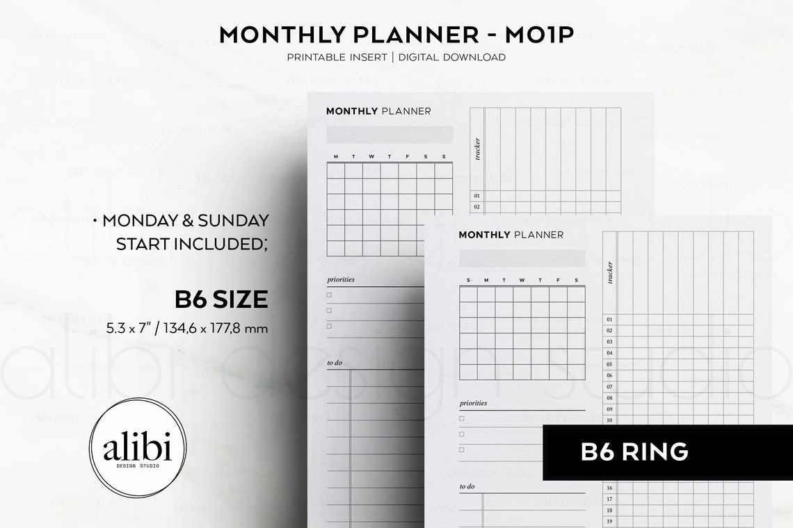 B6 Rings Month at a Glance Habit Tracker Monthly Planner Mo1p - Etsy