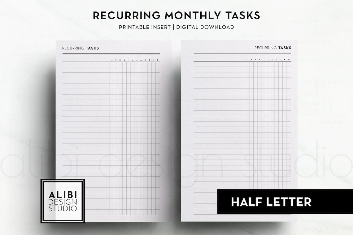 Half Letter Recurring Tasks Yearly Overview Half Letter - Etsy