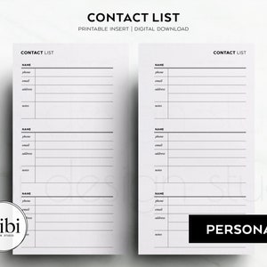 Personal Contact List Planner Inserts Contact Information Address Book ...