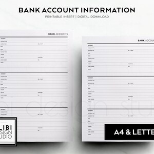 A4 and Letter Bank Account Information Tracker Financial - Etsy