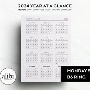 B6 Rings 2024 Year at A Glance Dashboard 2024 Calendar B6 Printable Planner Inserts MONDAY Start ...