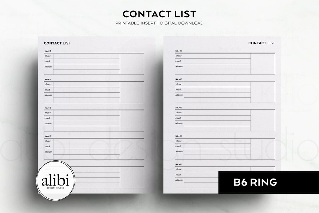 B6 Rings Contact List Planner Inserts Contact Information Address Book B6 Printable Planner ...